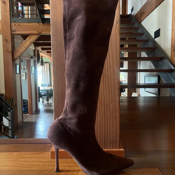 Manolo Blahnik | Shoes | Manolo Blahnik Suede Brown Knee High Boots ...